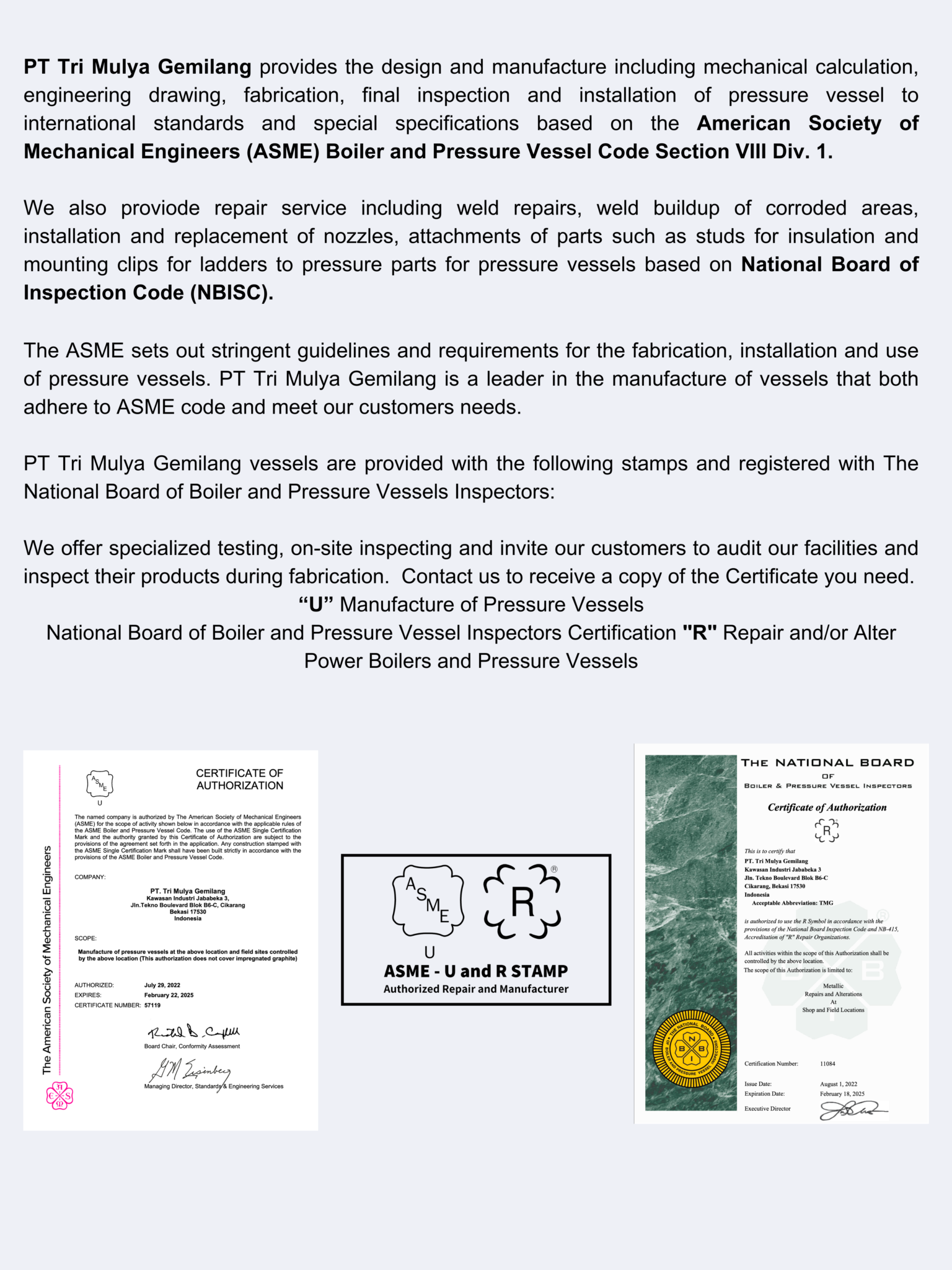 ASME – U and R STAMP – TRI MULYA GEMILANG